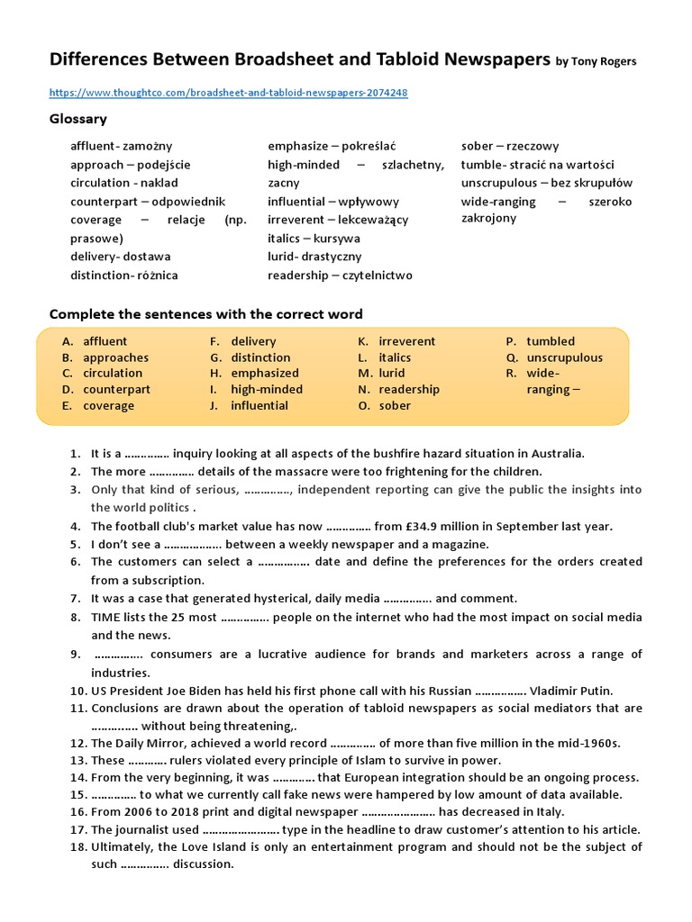 1 Newspapers Broadsheets Vs Tabloids Article Vocabulary Worksheet | PDF ...