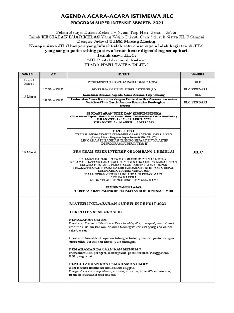 Agenda Super Intensif SBMPTN JILC 2021 | PDF