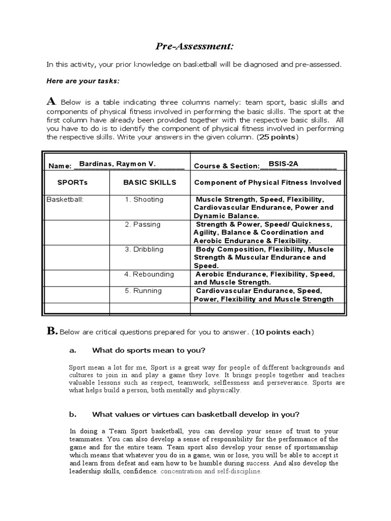 Basketball (Pre Assessment) | PDF | Flexibility (Anatomy) | Goal