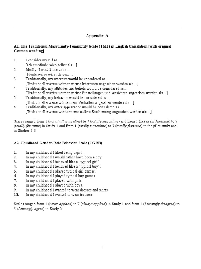 Appendix A: A1. The Traditional Masculinity-Femininity Scale (TMF) in English Translation (With ...