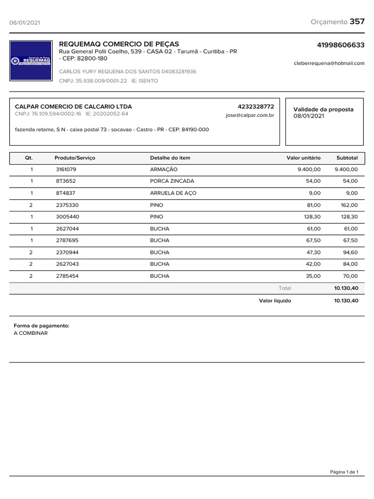 CALPAR COMERCIO DE CALCARIO LTDA - 06-01-2021 - Orcamento357 | PDF