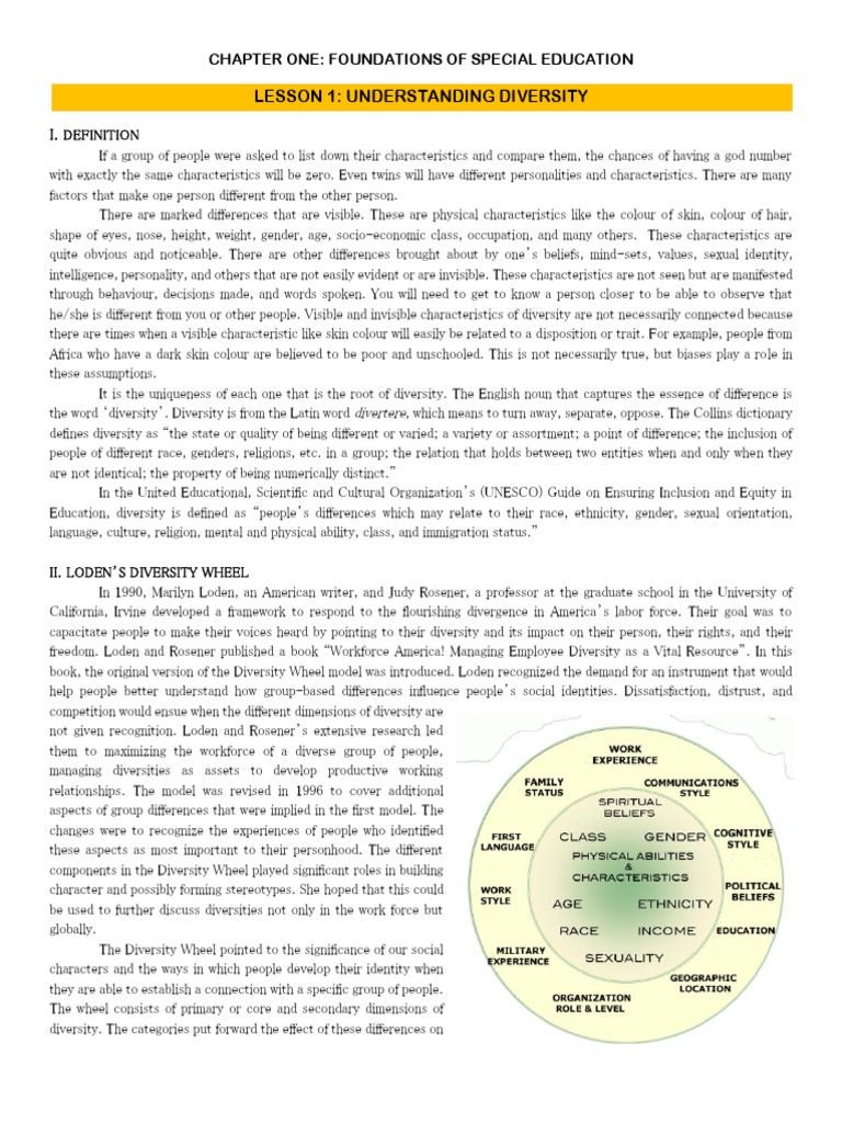 Lesson 1: Understanding Diversity: Chapter One: Foundations of Special ...