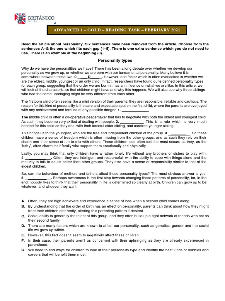 Ad1 Gold Reading Task Feb 2021 | PDF | Sibling | Parenting