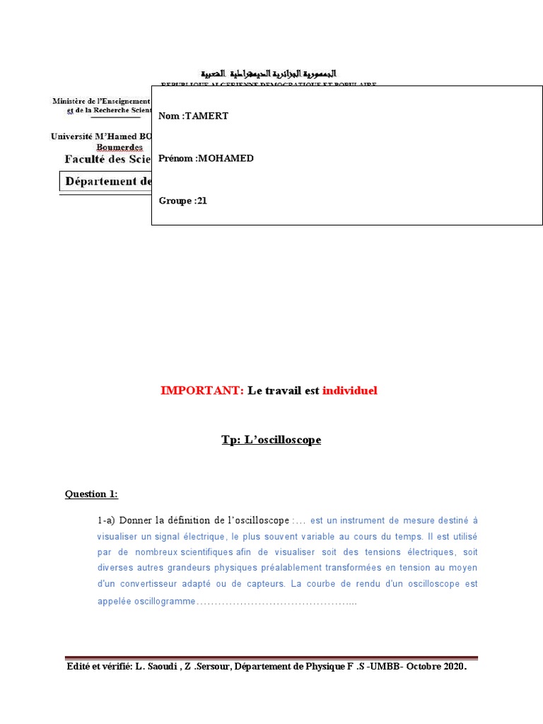 QUESTIONNAIRE3 (TP Loscilloscope) | PDF | Électronique | Électricité