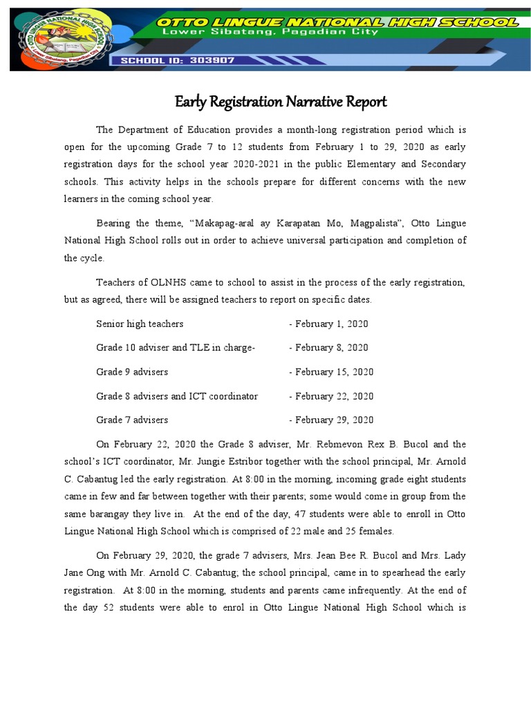 Narrative Report in Early Enrolment | PDF | Human Nature | Behavior ...