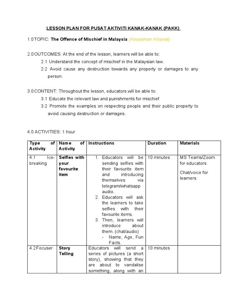 Lesson Plan For Pusat Aktiviti Kanak-Kanak (Pakk) : (Kesalahan Khianat ...