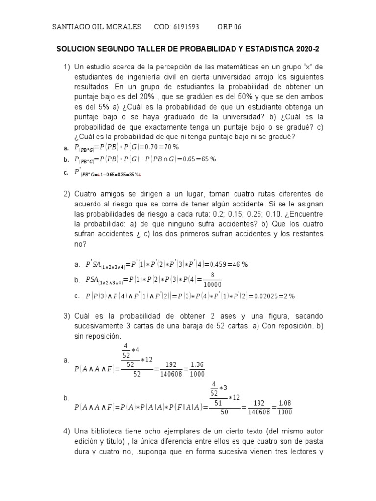 Solución Segundo Taller de Probabilidad y Estadistica PDF | PDF