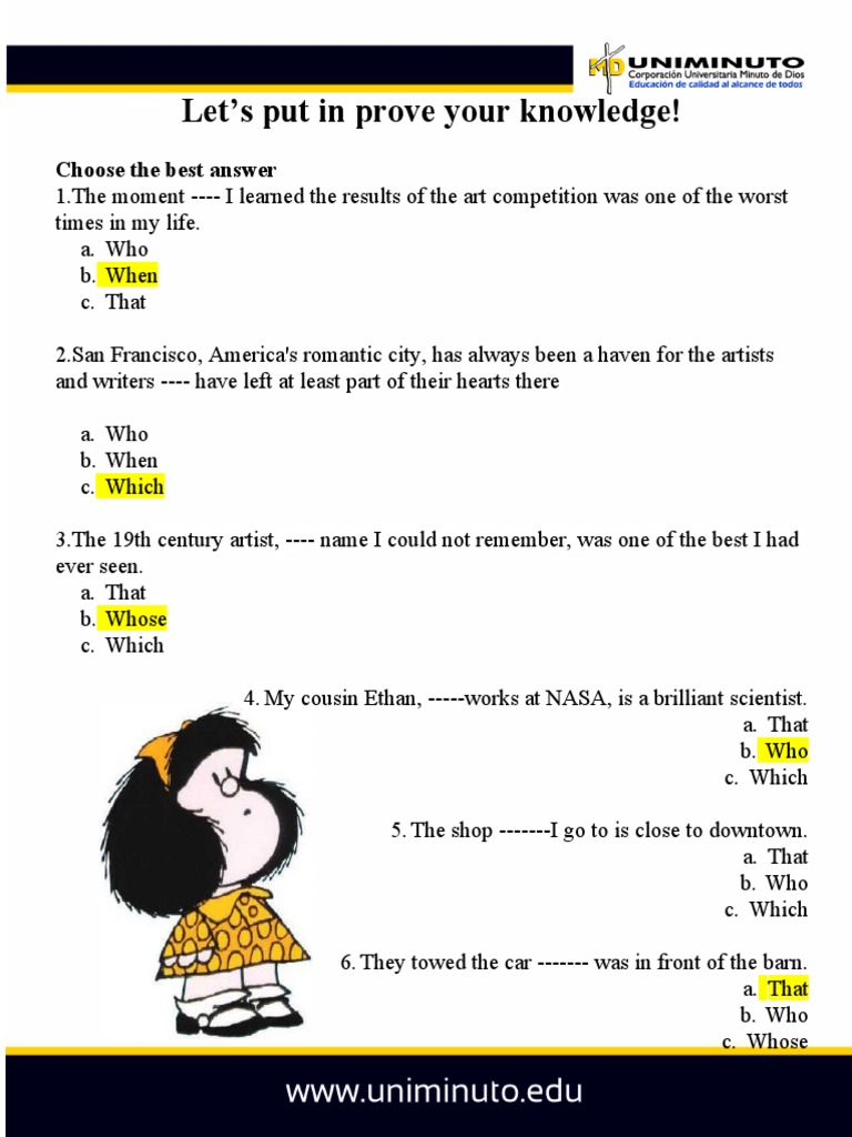 Relative Pronouns Quiz and Answers | PDF