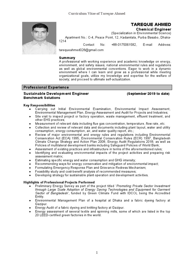 Chemical Engineer: Tareque Ahmed | PDF | Environmental Impact Assessment | Sustainability