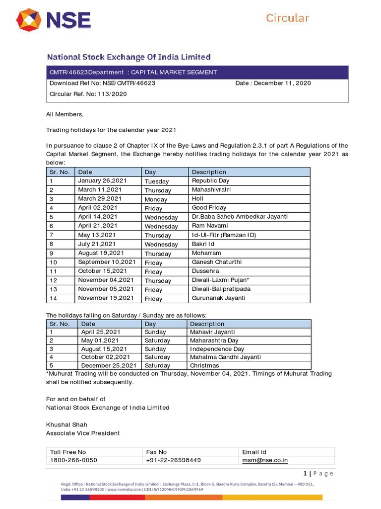 CMTR/46623Department: CAPITAL MARKET SEGMENT: Trading Holidays For The ...