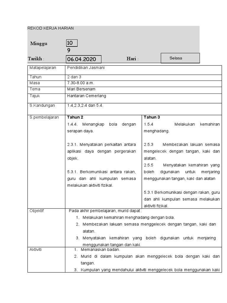 RPH PJ Tahun 2&3 Minggu 11 | PDF