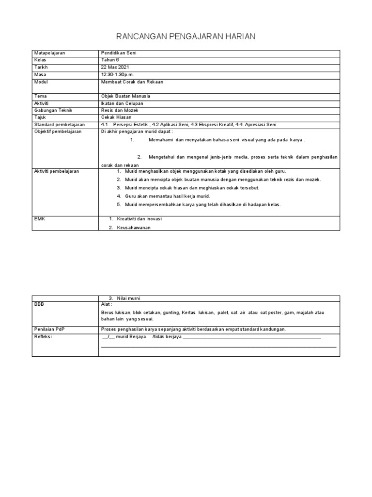 RPH PSV Tahun 6 Minggu 11 | PDF