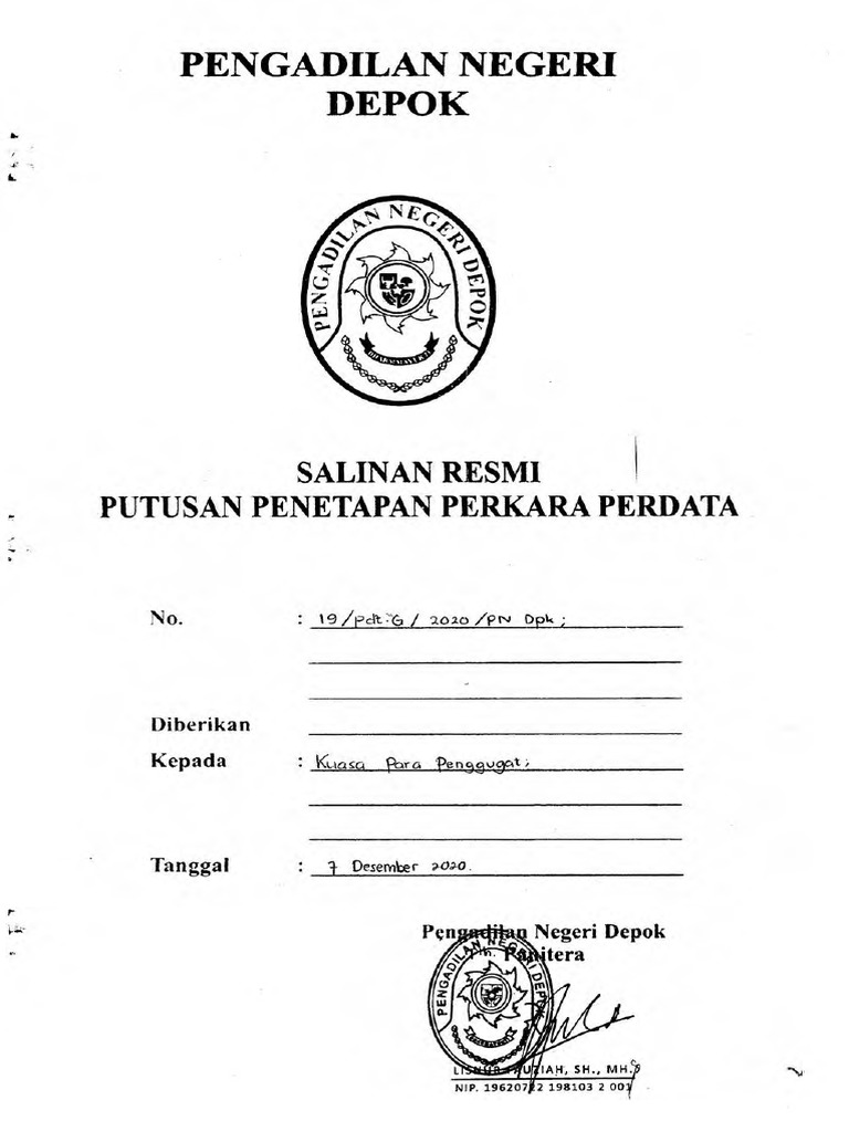 Putusan Perdata Pengadilan Depok 2020 | PDF