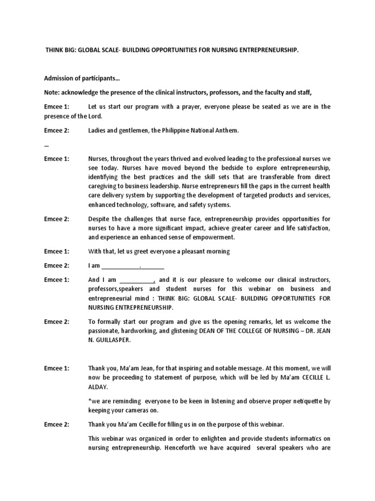 Script Emcees Webinar Entrep | PDF | Entrepreneurship | Nursing