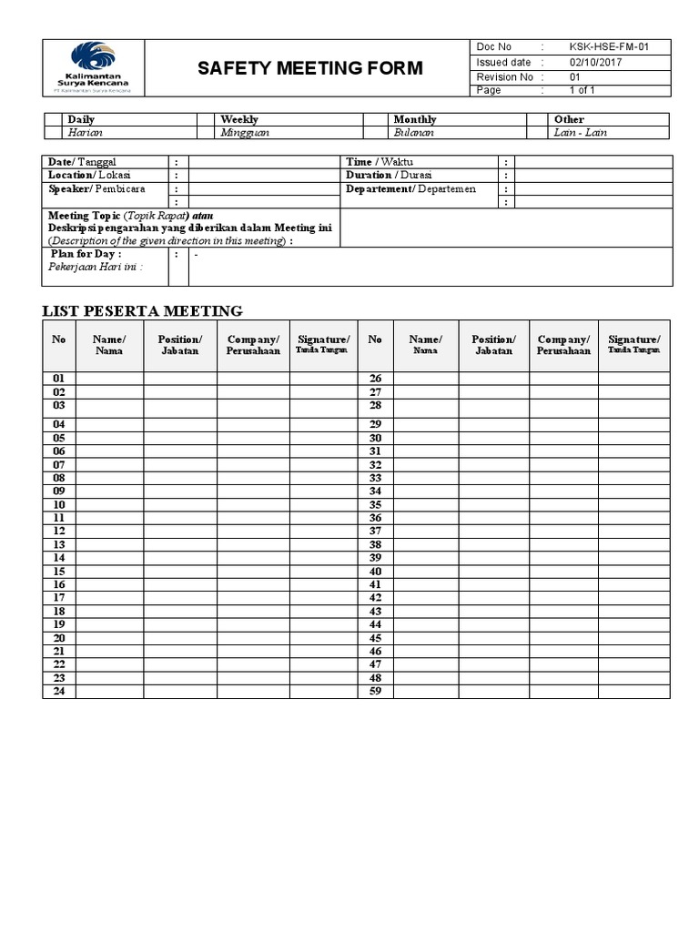 Formulir Rapat Keselamatan Harian | PDF