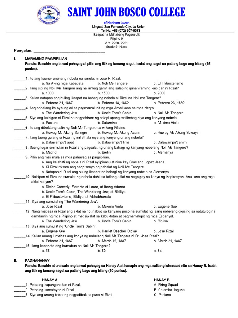 Filipino 9 Fourth Long Test | PDF