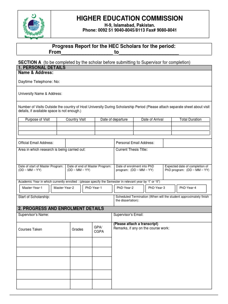 HEC Scholar Progress Report Template | PDF | Thesis | Educational Stages