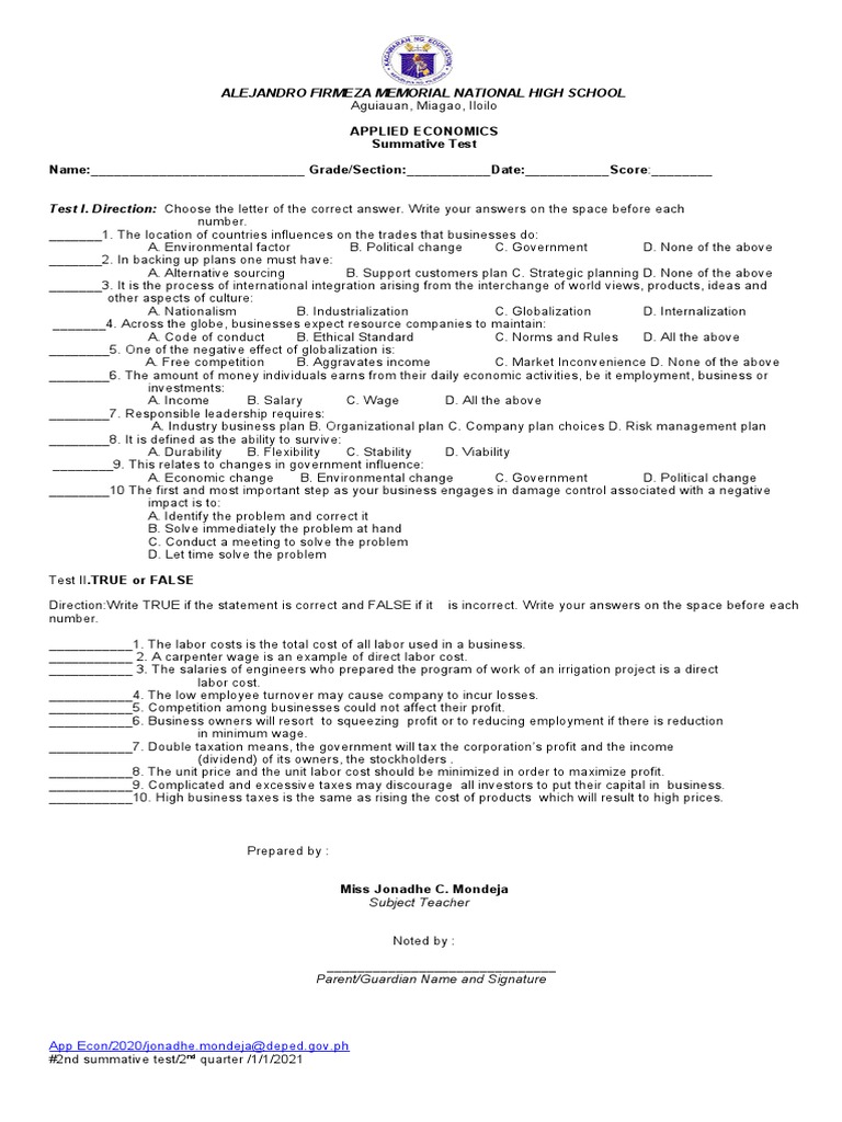 APPLIED CON SUMMATIVE TEST 2nd-2nd Sem 2021 | PDF | Labour Economics ...
