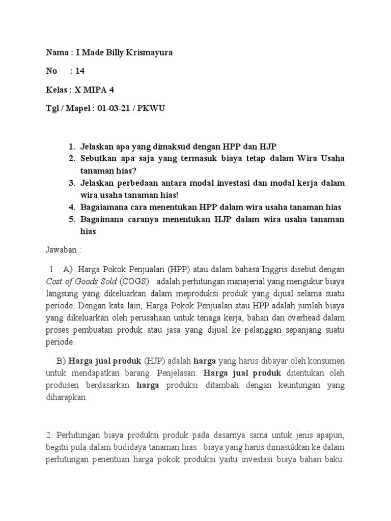 HPP HPJ BillyKrismayura 14 XA4 | PDF | Bisnis