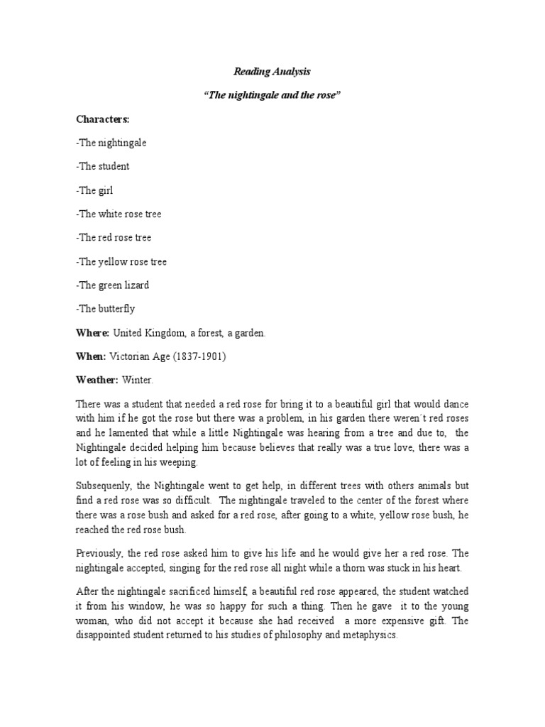 Characters:: Reading Analysis "The Nightingale and The Rose" | PDF | Love