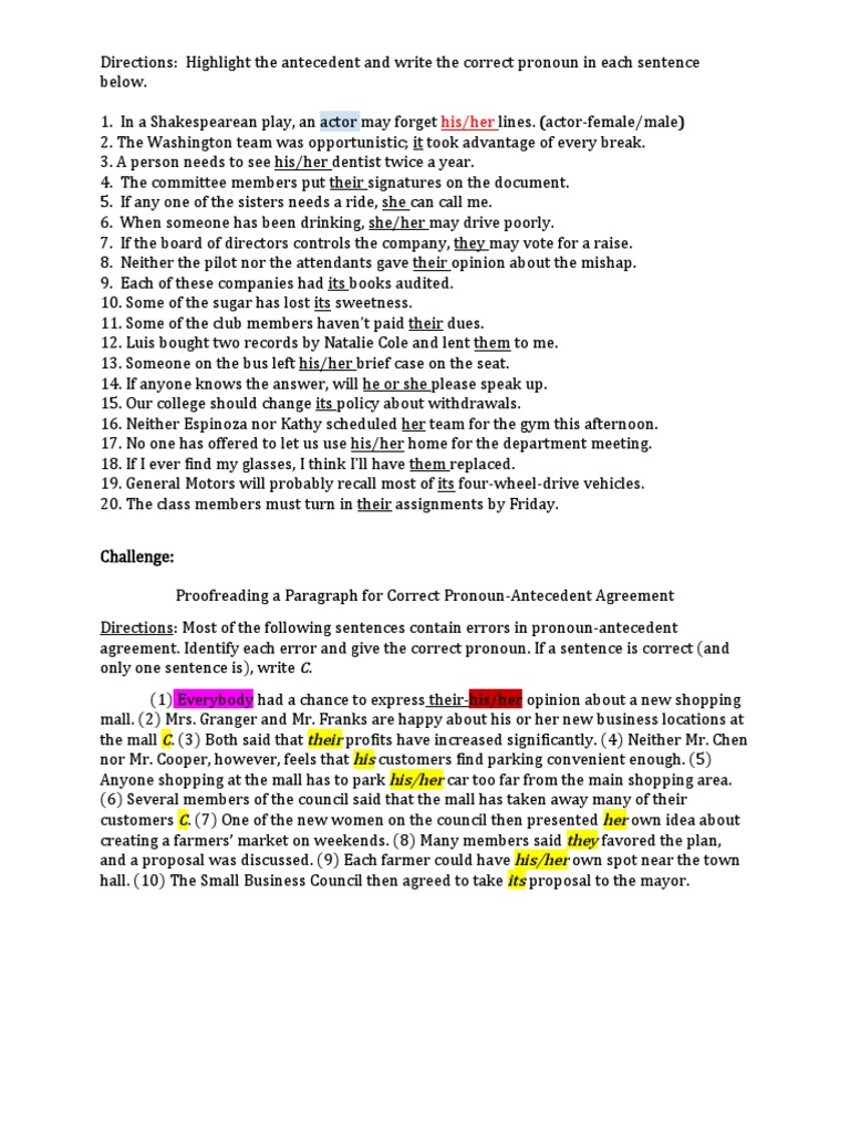 Pronoun Antecedent Agreement | PDF