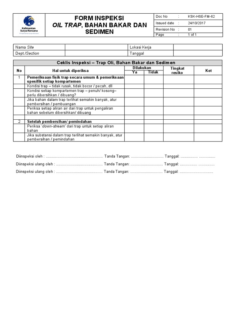 KSK-HSE-FM-62 - Formulir Inspeksi Oil Trap, BBM Dan Sedimen | PDF