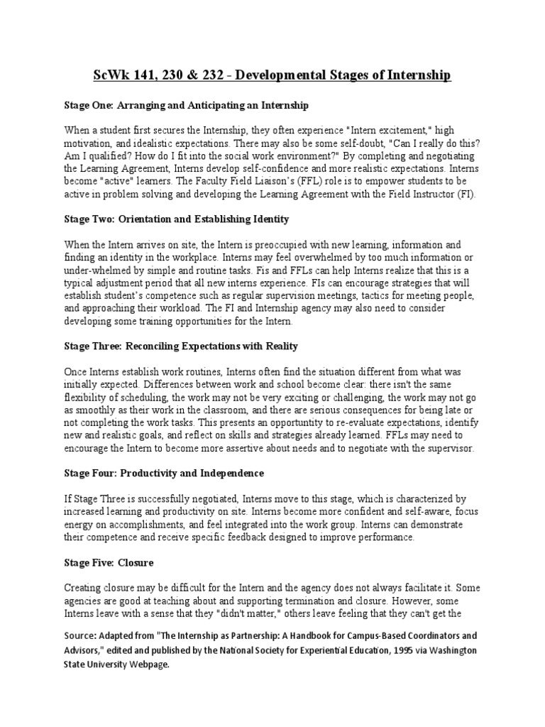 SCWK 141, 230 & 232 - Developmental Stages of Internship: Stage One ...
