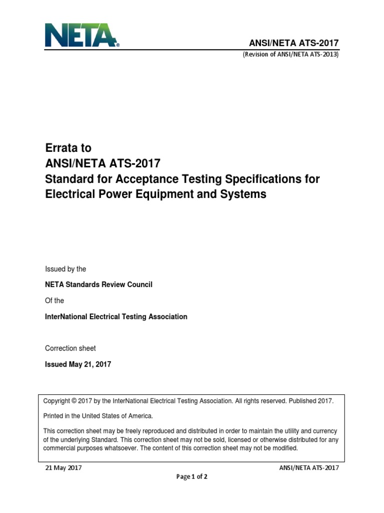 Errata To ANSI/NETA ATS-2017 Standard For Acceptance Testing ...