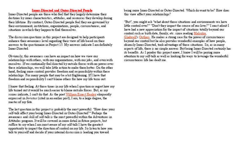Inner-Directed vs Outer-Directed Mindsets | PDF | Social Psychology ...