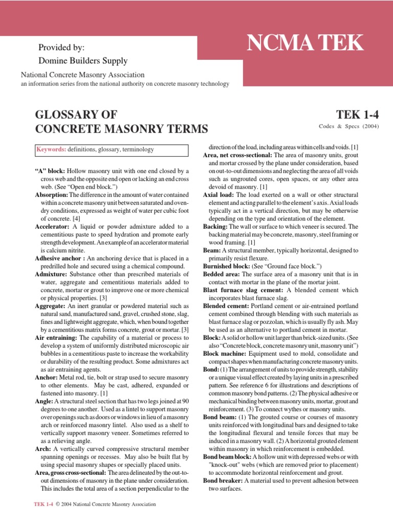 Ncma Tek: Glossary of Concrete Masonry Terms TEK 1-4 | PDF | Masonry ...