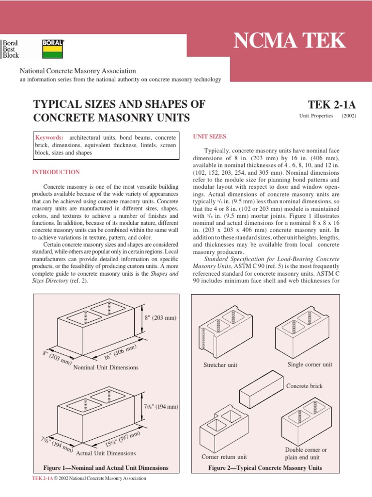 Ncma Tek: Typical Sizes and Shapes of Concrete Masonry Units TEK 2-1A ...