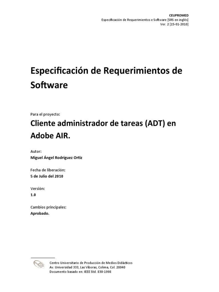 1. Especificación de Requerimientos de Software