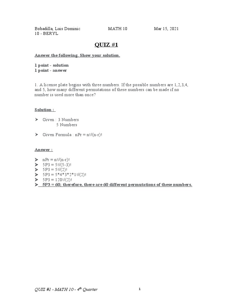 Bobadilla QUIZ 1 Permutation Combination | PDF | Discrete Mathematics | Teaching Mathematics