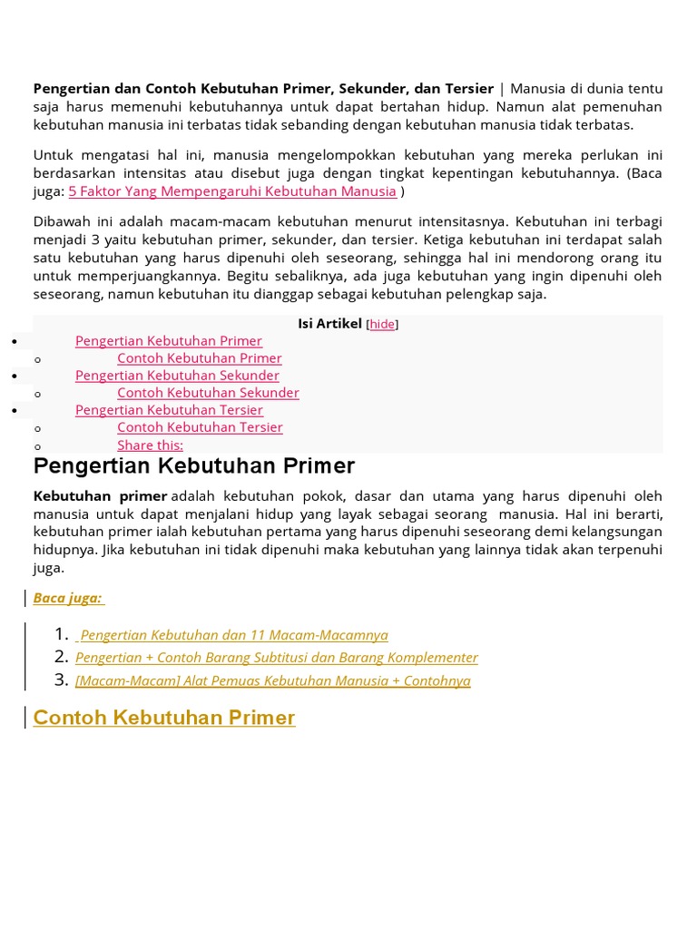 Pengertian Dan Contoh Kebutuhan Primer | PDF