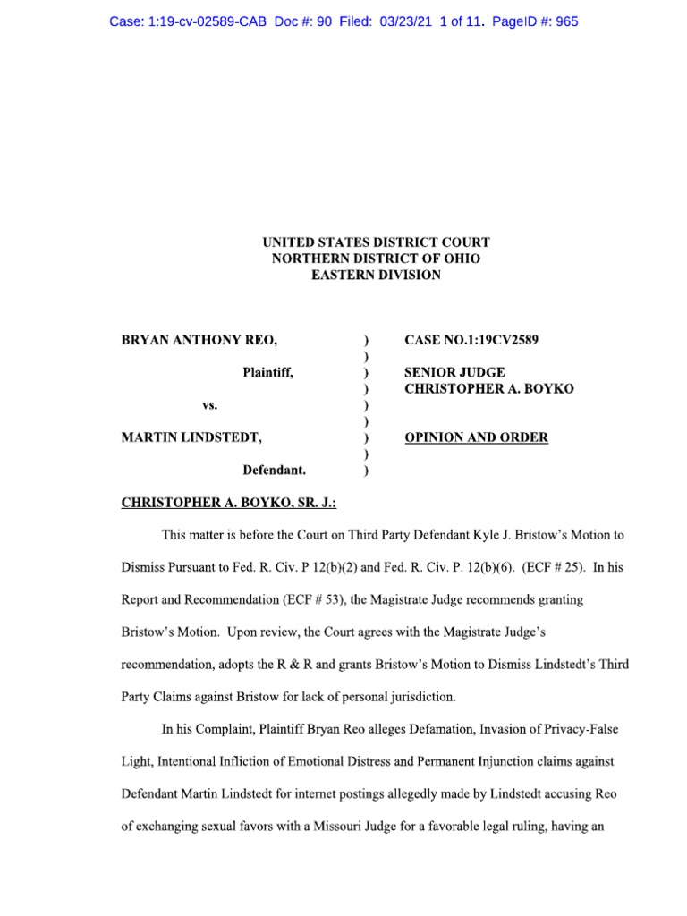 Bryan Anthony Reo v. Martin Lindstedt, Case No. 1:19-cv-02589-CAB (N.D ...