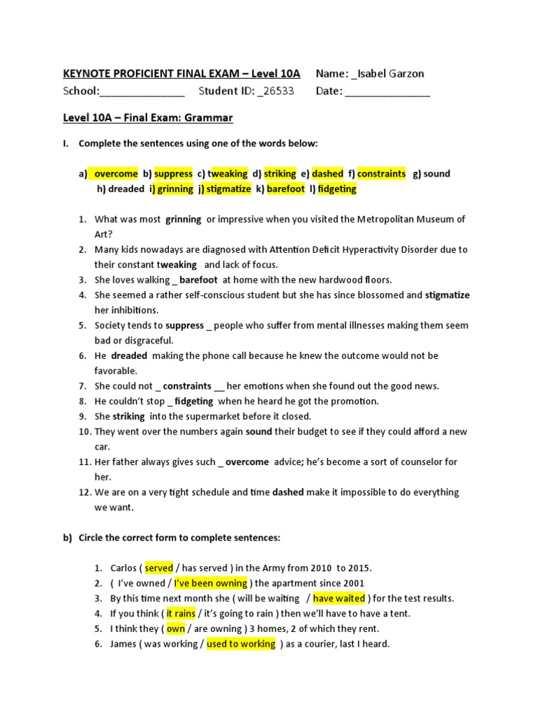 Keynote Proficient Final Exam Grammar 10a | PDF | Mental And ...
