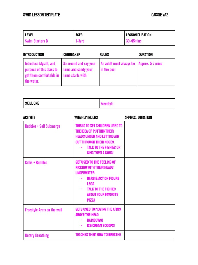 Swim Lesson Plan SSB | PDF | Hobbies | Individual Sports