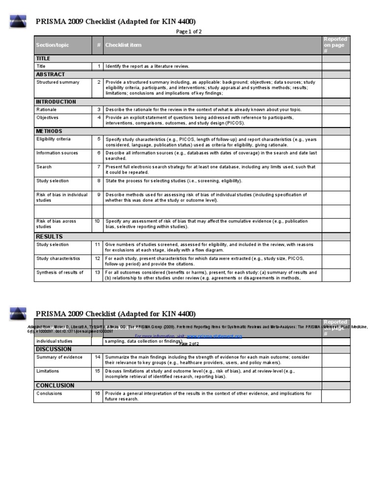 2.1.1 - PRISMA 2009 Checklist Fillable | PDF | Bias | Methodology