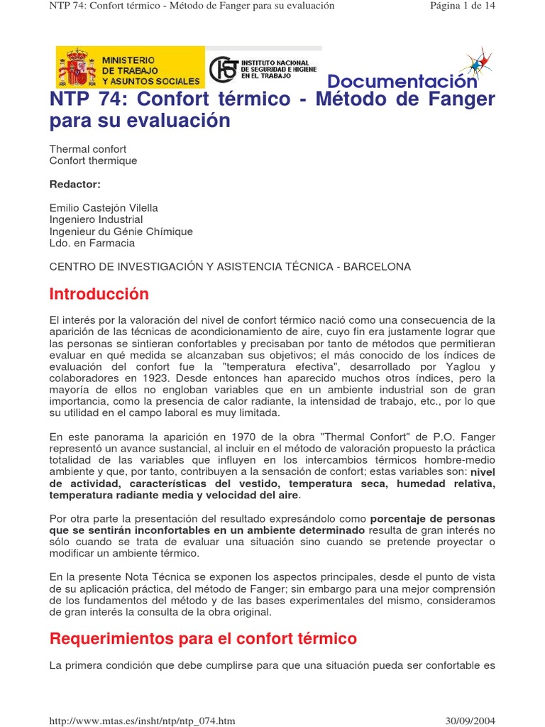 NTP - 74 - Confort Termico - Método de Fanger | PDF | Temperatura ...