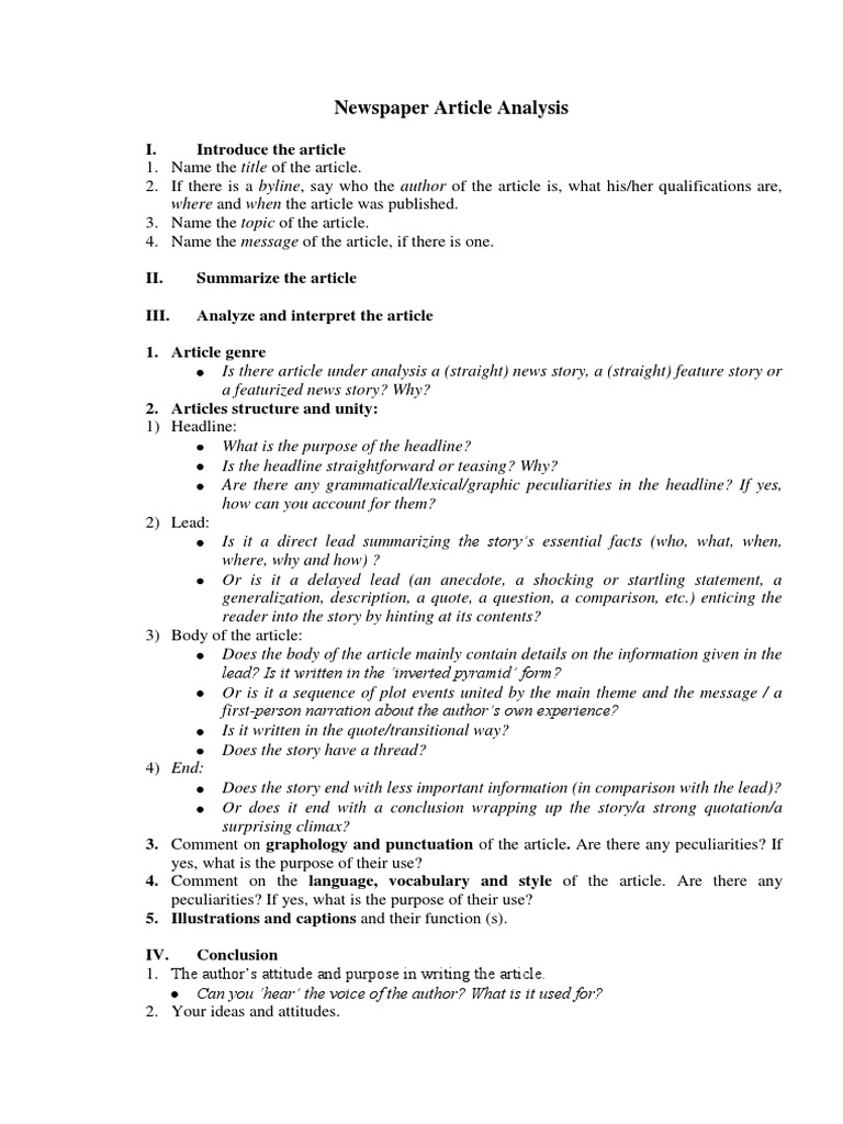 Newspaper Article Analysis Guide | PDF