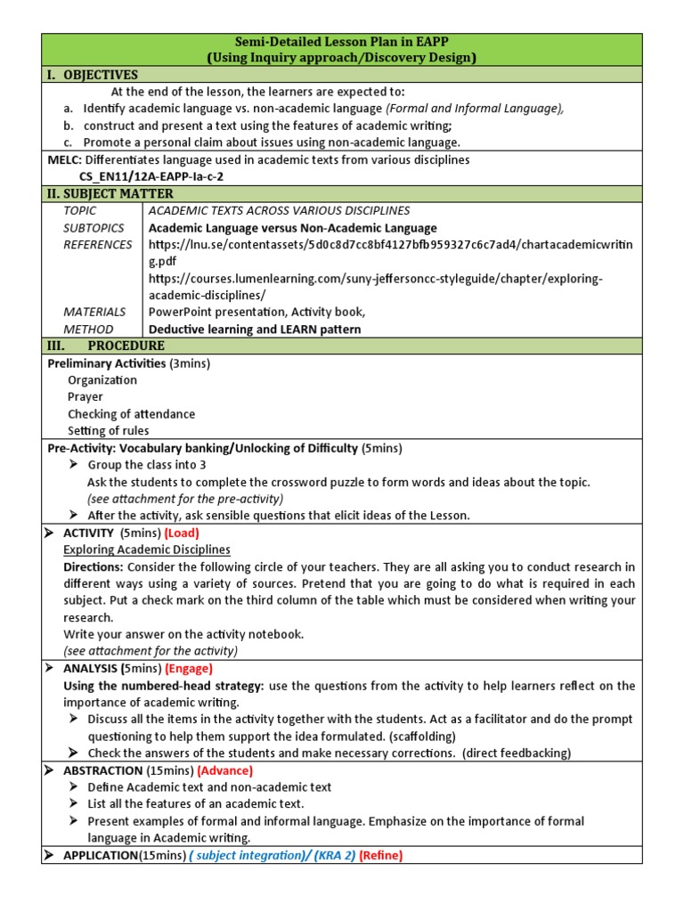 EAPP Semidetailed Lesson Plan | PDF | Pedagogy | Cognition