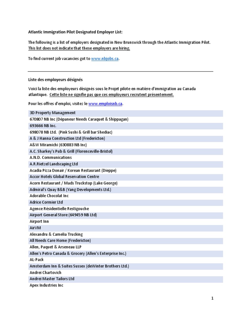 Atlantic Immigration Pilot Designated Employer List in NB | PDF | New ...