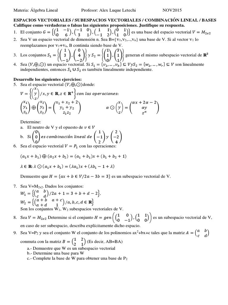 Ejercicios de Algebra Lineal ESPOL | PDF | Espacio vectorial | Espacio