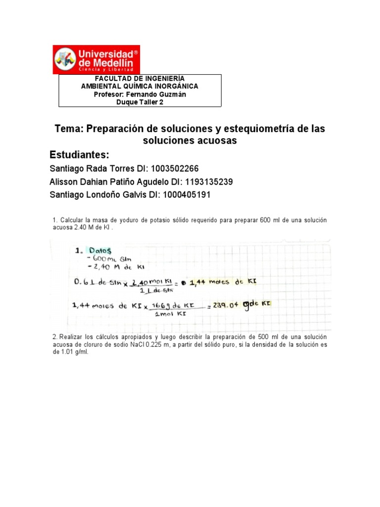 Taller Soluciones (Preparación de Soluciones y Estequiometría de Soluciones) | PDF | Ácido ...