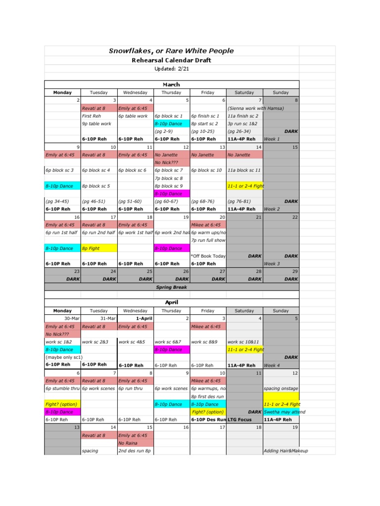 SF Rehearsal Calendar Draft - Sheet1 | PDF