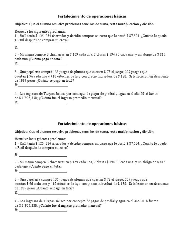 Problemas Sencillos de Operaciones Básicas | PDF | Métodos y materiales ...