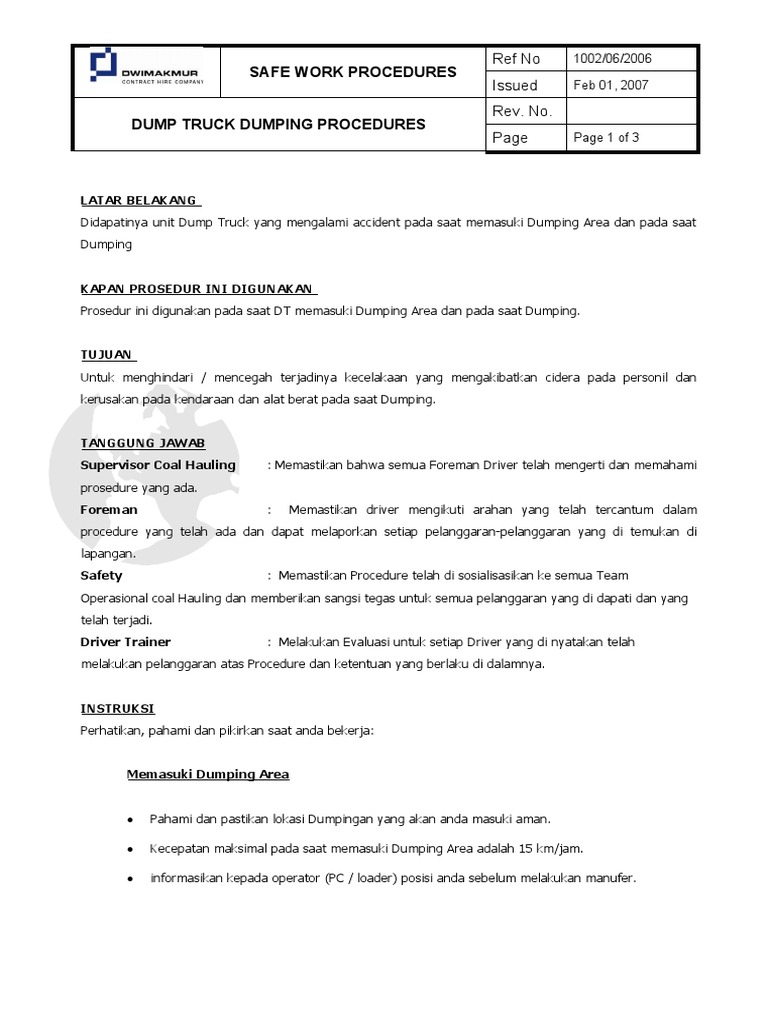 Prosedur Aman Dump Truck Dumping | PDF