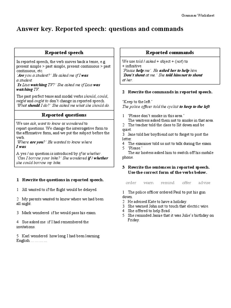 Answer Key. Reported Speech: Questions and Commands | PDF | Question | Verb