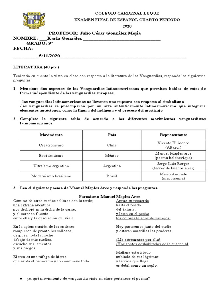 Examen Final Español 4 | PDF | Vanguardia | America latina