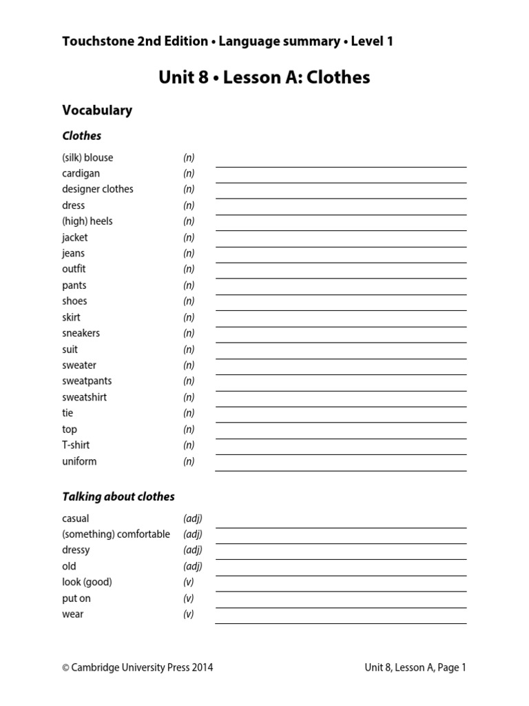 Unit 8 - Lesson A: Clothes: Touchstone 2nd Edition - Language Summary ...